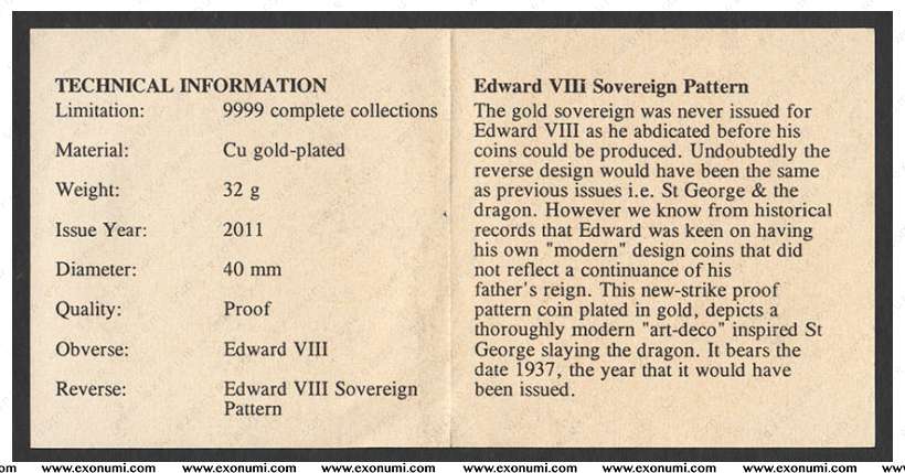 United Kingdom : 1937 King Edward VIII Pattern Coin (Sovereign Gold Plated)