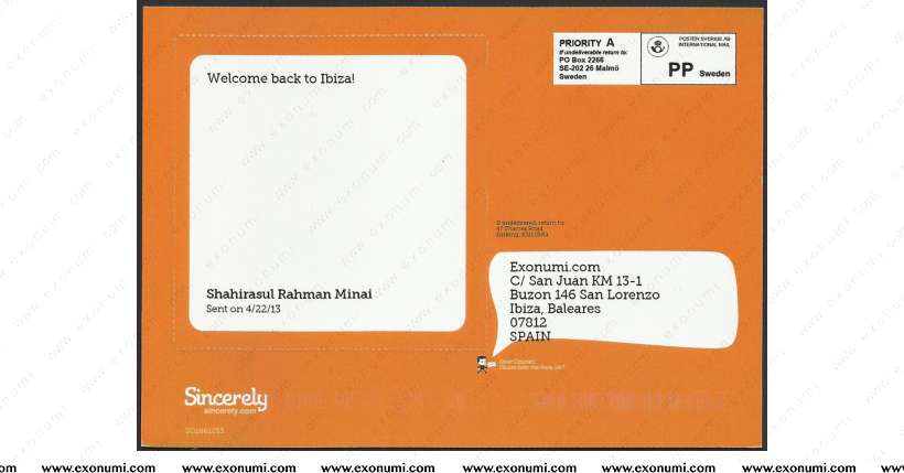 Sincerely Postagram Postcard - Addressed to Ibiza